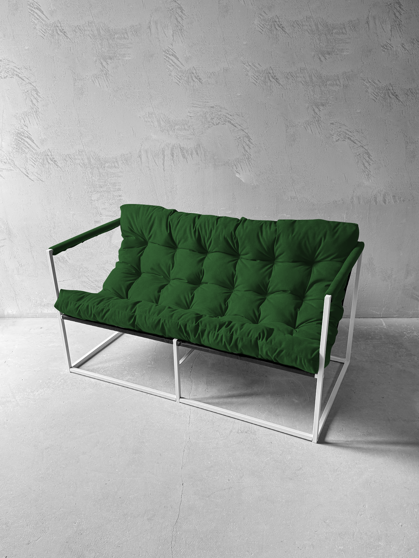 Диван лофт прямой, уличный, в офис, на балкон, на веранду, в гостинную, кухонный, Лофтовик ++ велюр зеленый, белый каркас, подлокотник мягкий велюр