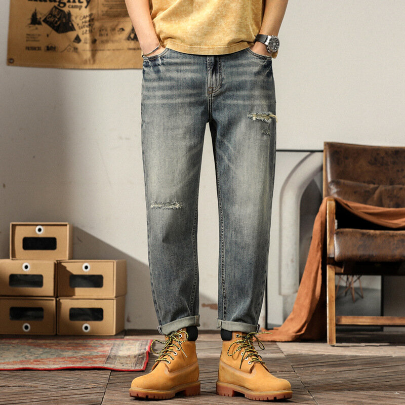 MON Чистый цвет Нов. желт. грязь американ. джинсы муж. тренд. плус толст. размер рван. джинсы муж. винтаж. 9-поинтЖелтый/L, Размер_L
