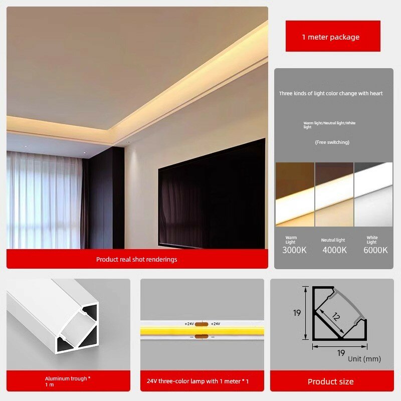 Светодиодный треугольный линейный светильник для потолка, угловой, без пазов, для шкафов, V-образный 45 градусов, 90