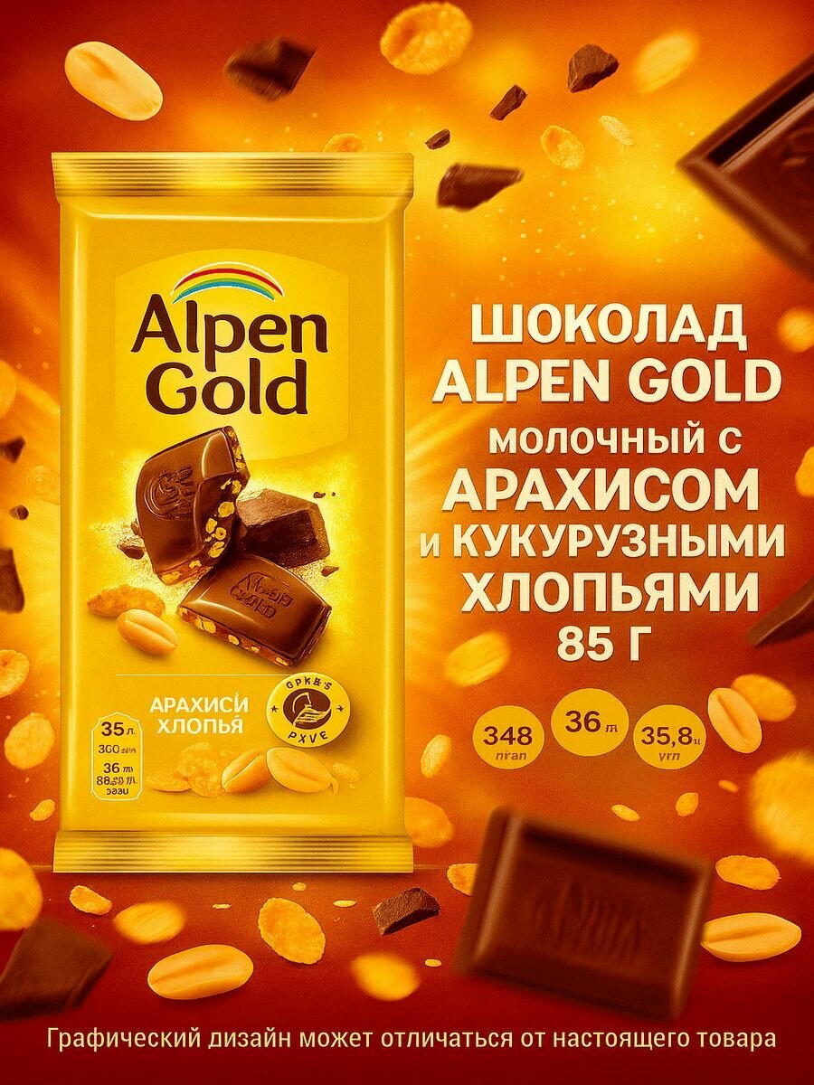 Шоколад Alpen Gold молочный с арахисом и кукурузными хлопьями 85 г