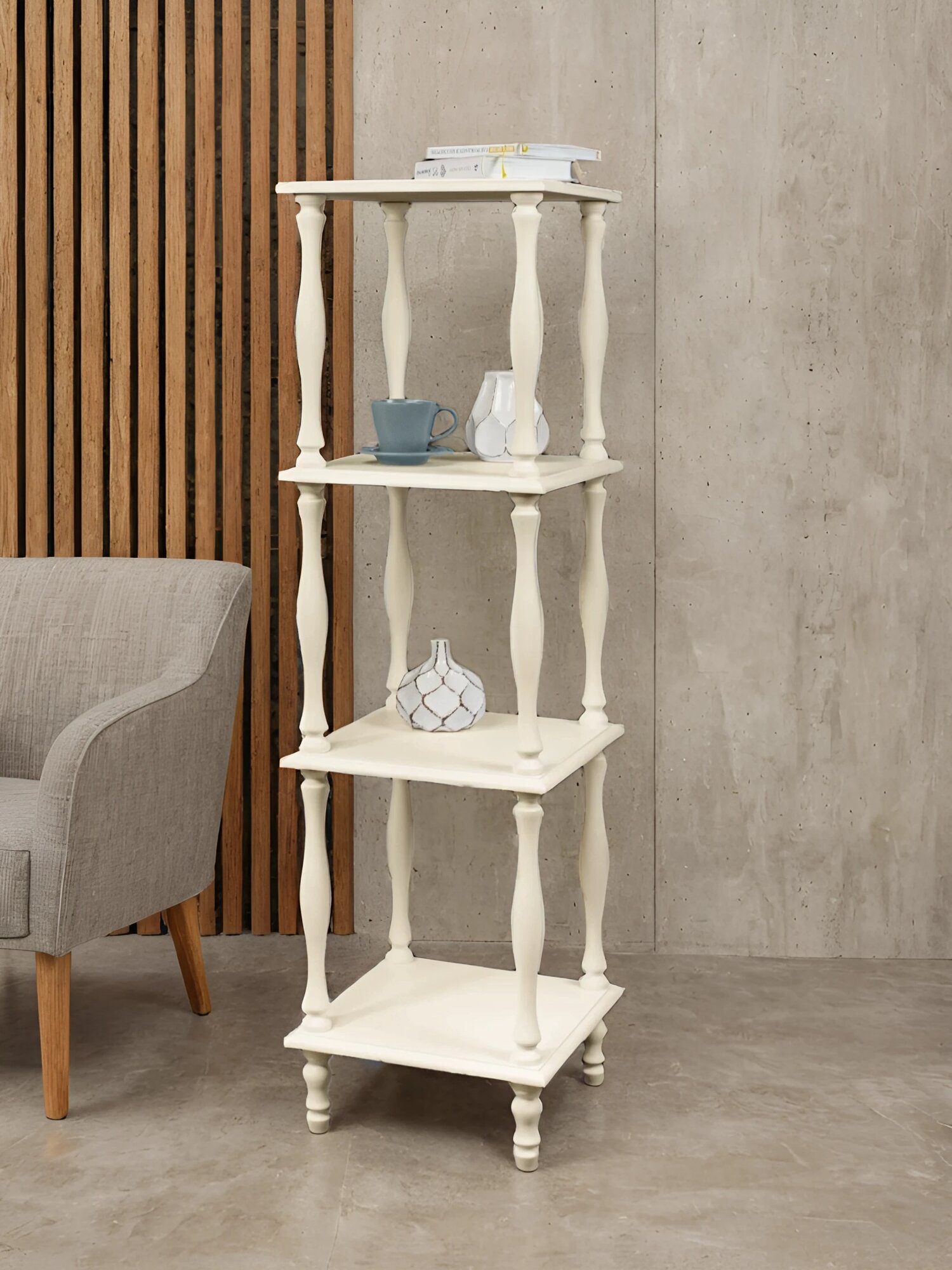 Этажерка Мебелик П 8 напольная, 4 полки, для гостиной, цвет слоновая кость