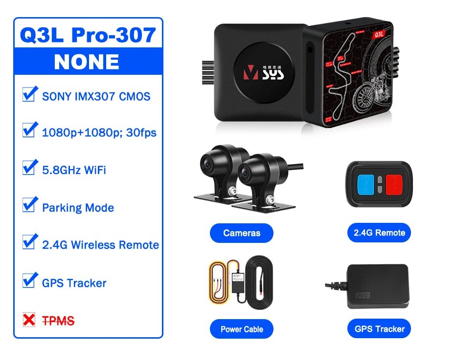 VSYS Q3 Pro Мотоциклетный видеорегистратор 5 ГГц Wi-Fi с передним и задним Нет, Q3L Pro-307