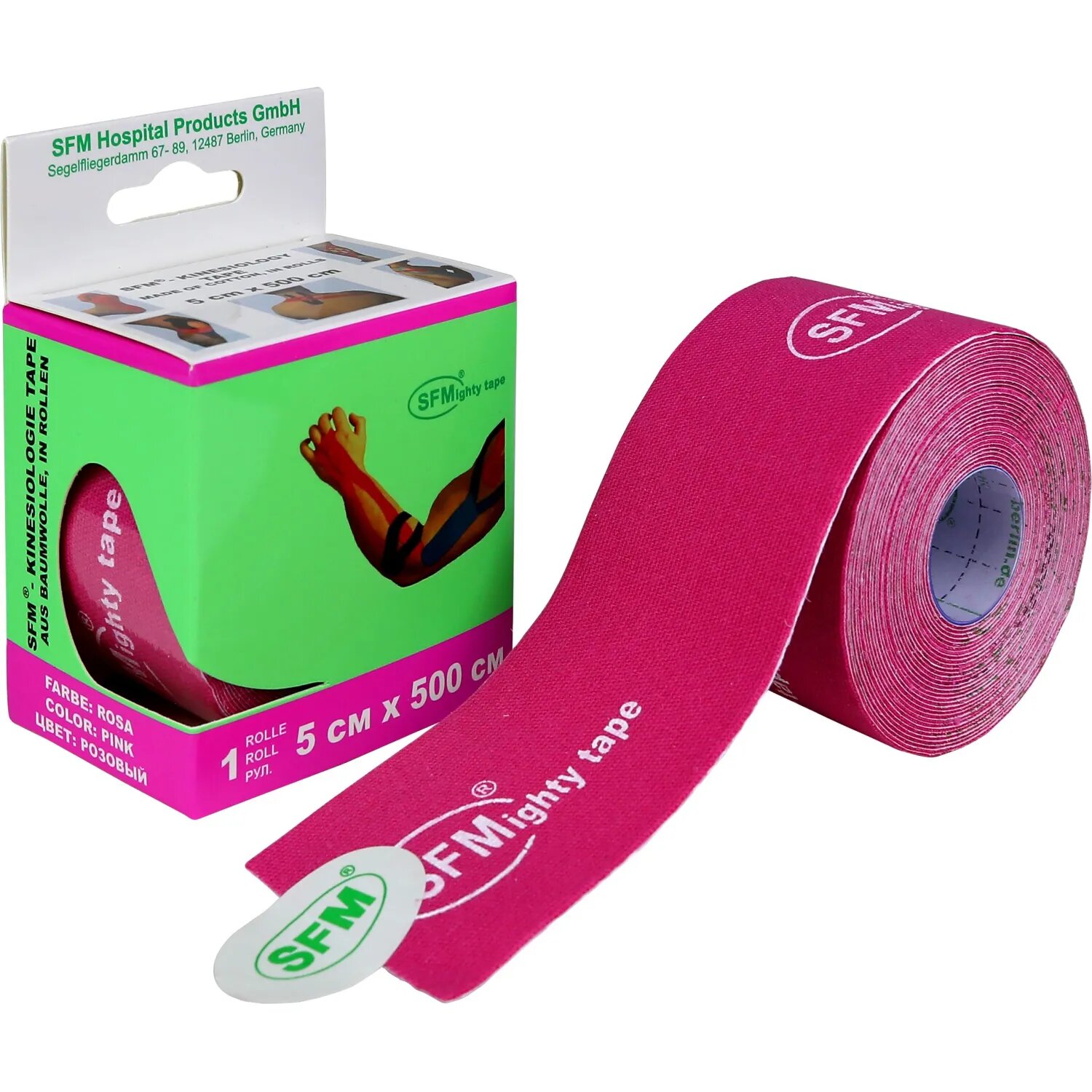 Тейп кинезио, хлоковая основа, 5х500 см, розовый, SFM-Plaster