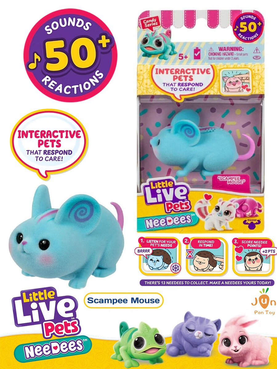 Интерактивная игрушка Moose Little Live Pets NeeDees Scampee Mouse Toy / Детские интерактивные электронные плюшевые питомцы с более чем 50 видами звуков и реакций, подходящие для детей старше 5 лет