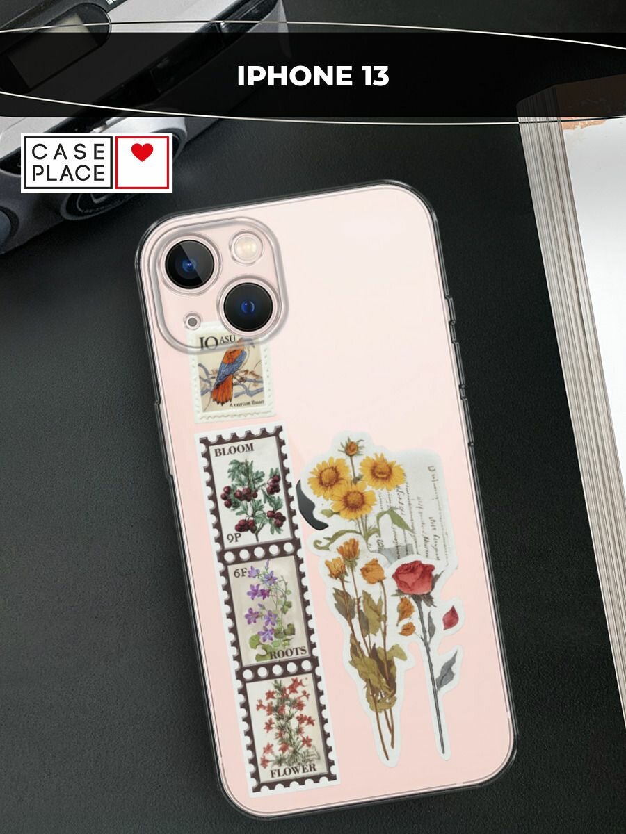 Чехол на Apple iPhone 13 / Айфон 13 с принтом Марки с цветами
