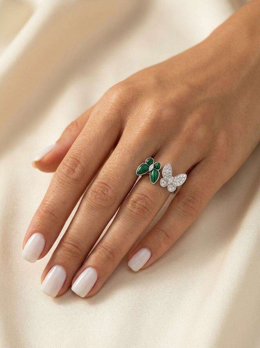 Кольцо на фалангу, серебро, 925 проба, родирование, малахит, циркон