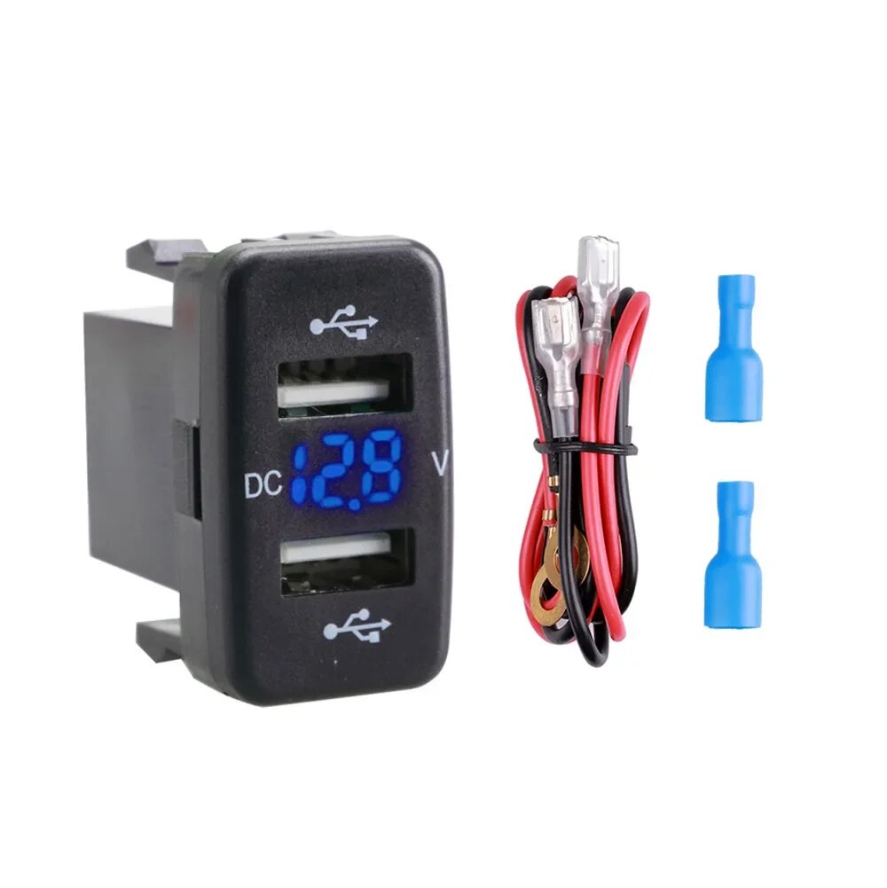 Автомобильное зарядное устройство 12-24 В, два порта USB, быстрое зарядное устройство, розетка Apdater, автомобильная быстрая зарядка с вольтметром, светодиодным дисплеем для Toyota Blue with Wire