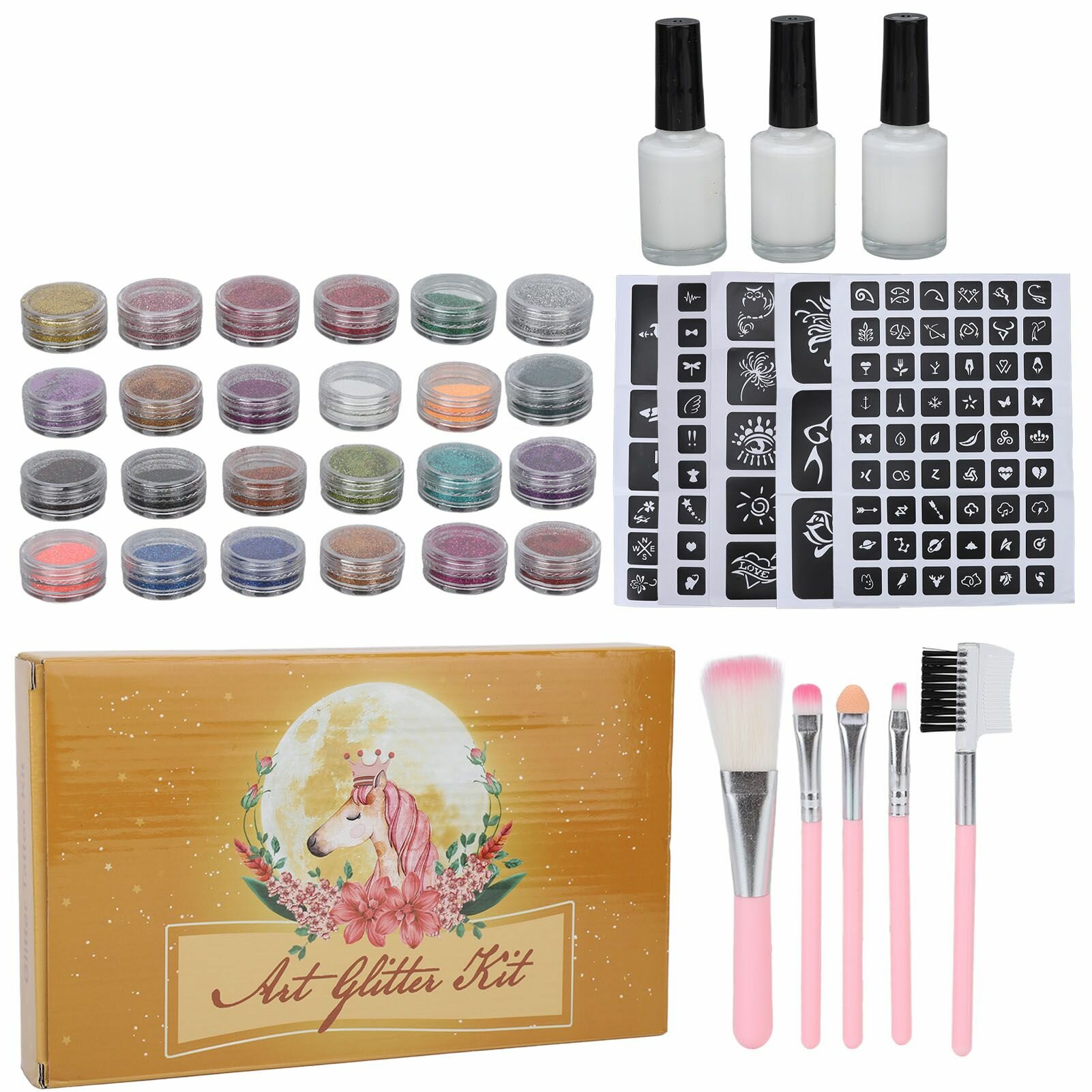 Набор временных тату с блестками 24 цвета для лица и тела, 3 бутылки клея, 4 кисти, 5 трафаретов для праздников