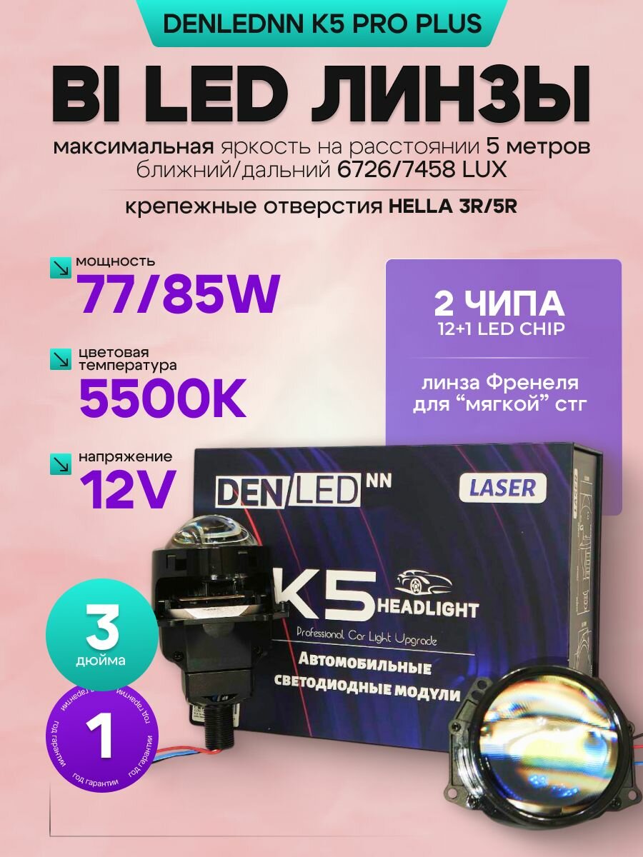 Bi led (Би-лед) линзы DENLEDNN K5 PRO PLUS 77/85w 3.0 дюйма ближний и дальний свет комплект (2 шт.)