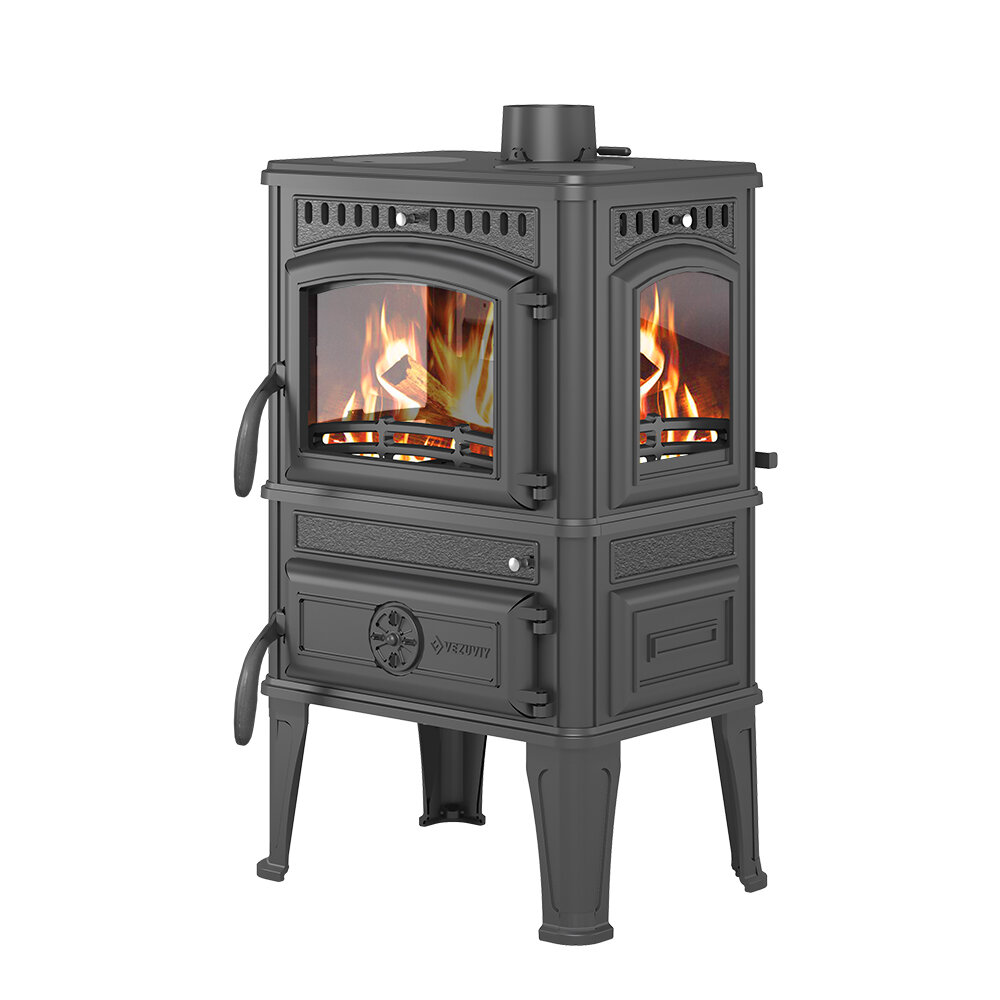 Печь-камин для дома дровяная везувий LV-12РS Антрацит, мощность 12 кВт, объем помещений до 240 м3
