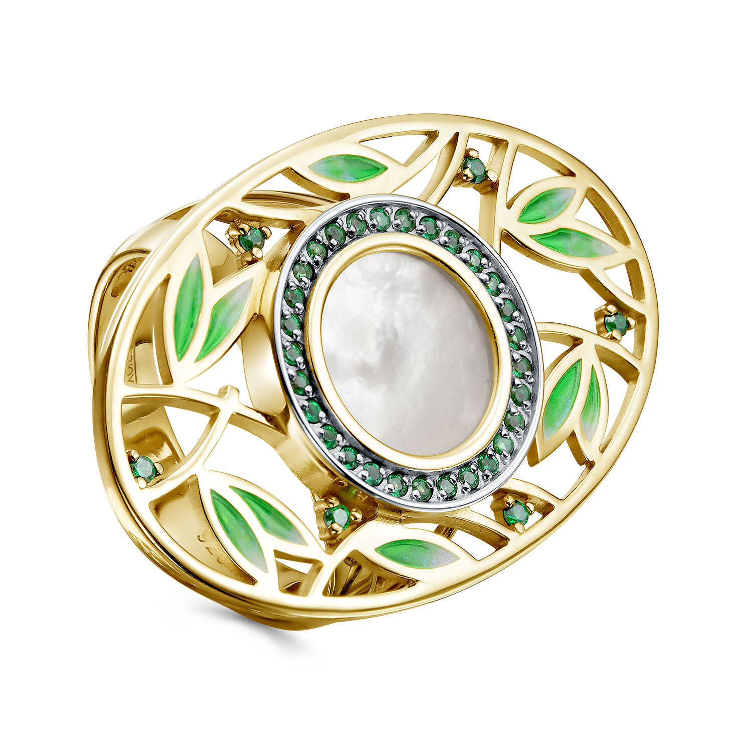 Кольцо широкое, серебро, 925 проба, родирование, перламутр, фианит