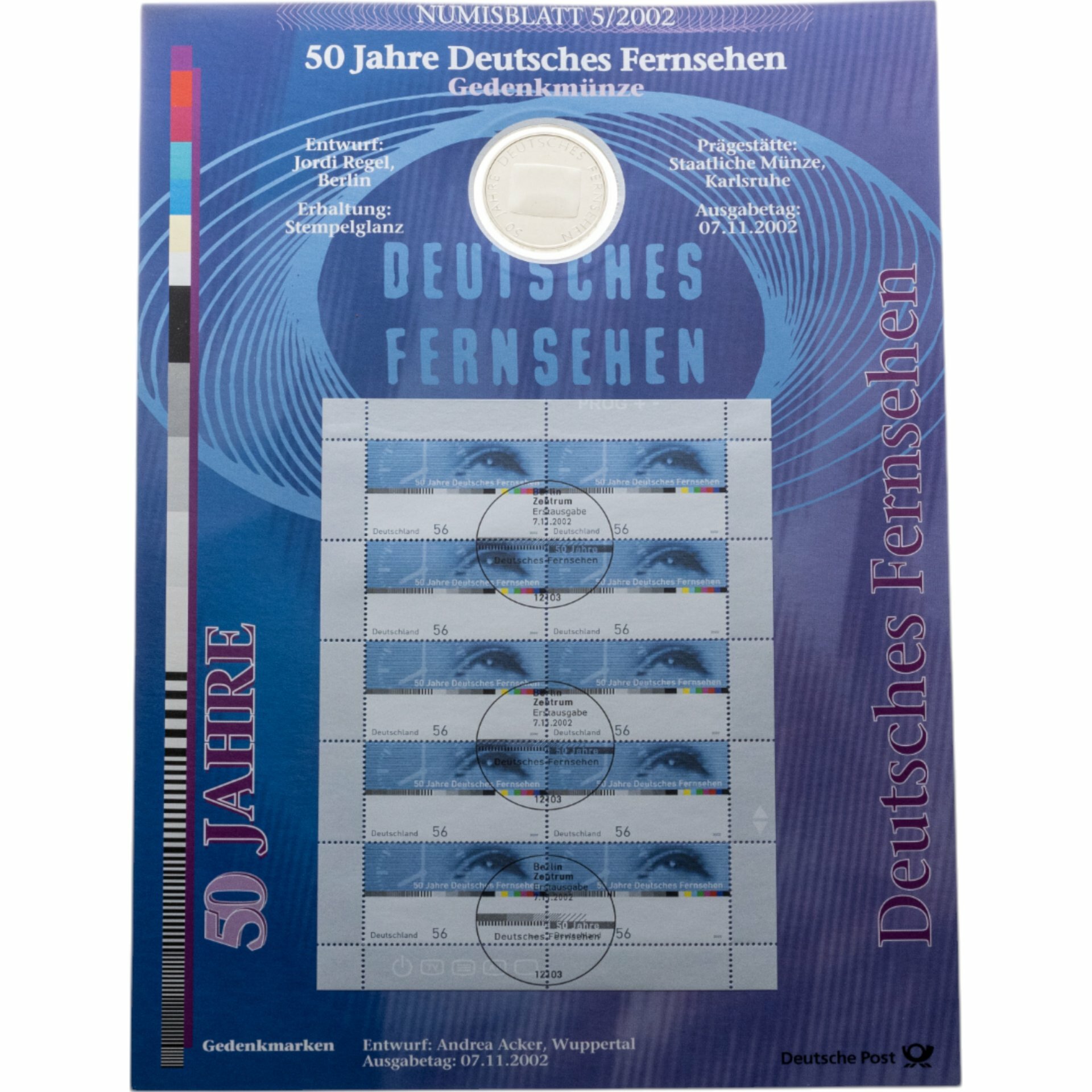 Германия 10 евро 2002 "50 лет немецкому телевидению" в блистере с марками, Серебро 925, в сохранности BUNC