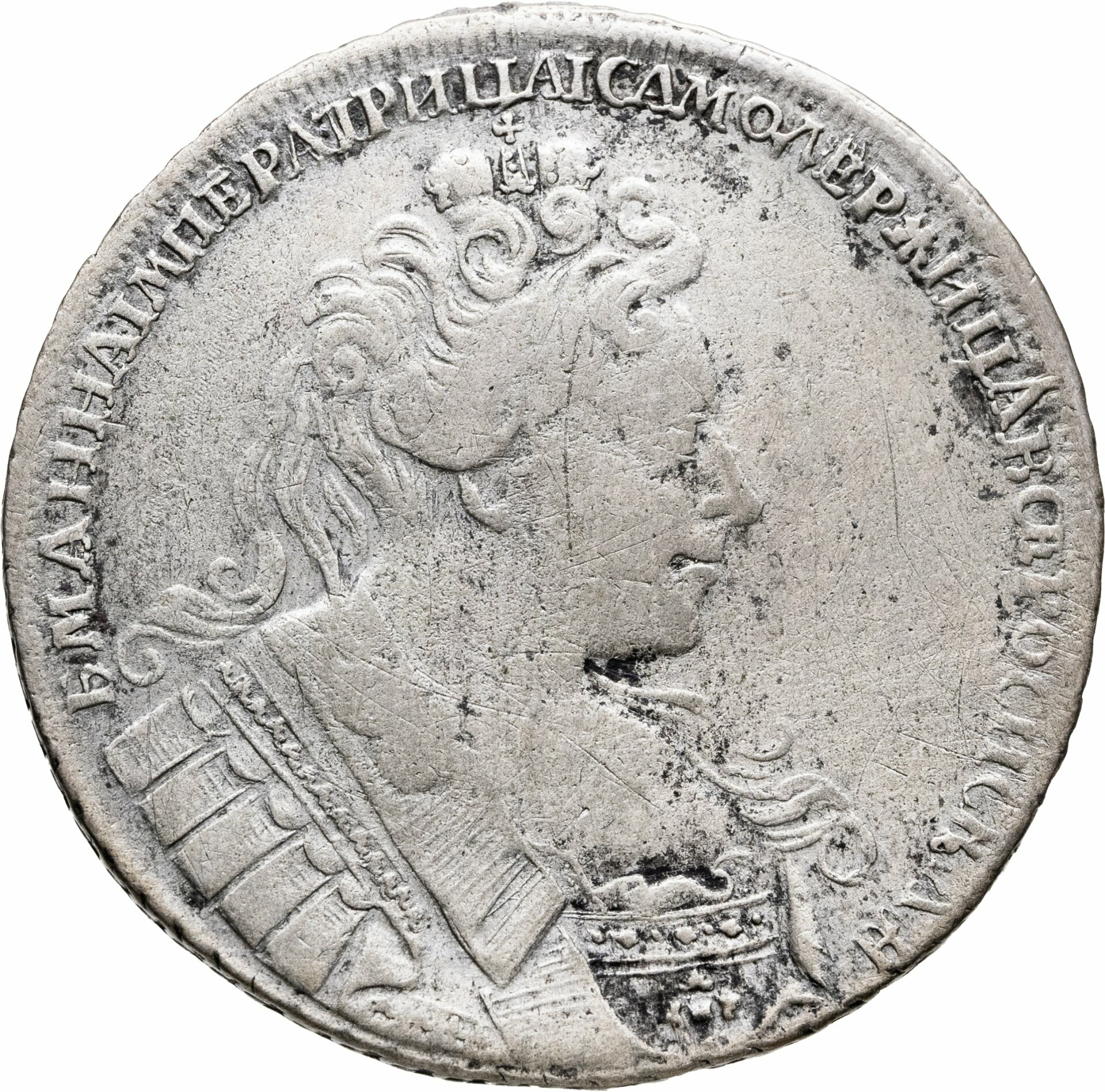 1 рубль 1731 с брошью на груди, крест державы узорчатый, Серебро 802, в сохранности VF