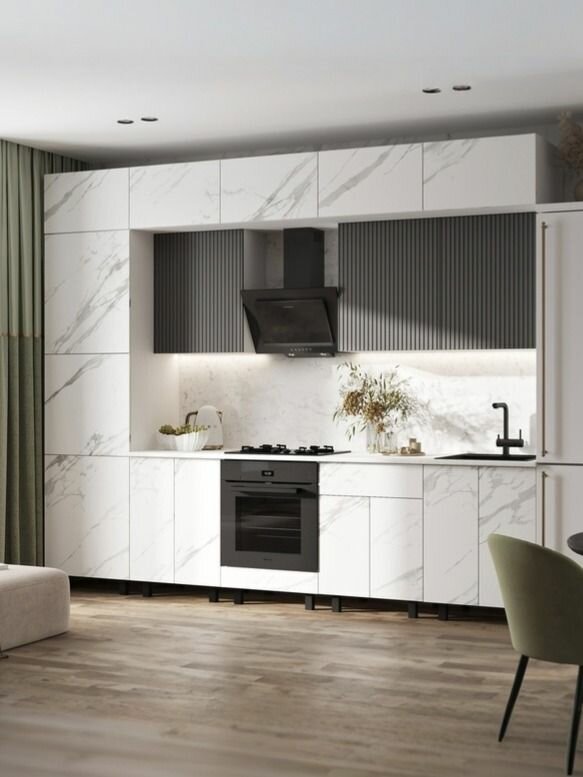 Кухонный гарнитур угловой Оливия 3/1080м компоновка №2 мрамор белый софт/графит софт, белый со столешницей миф