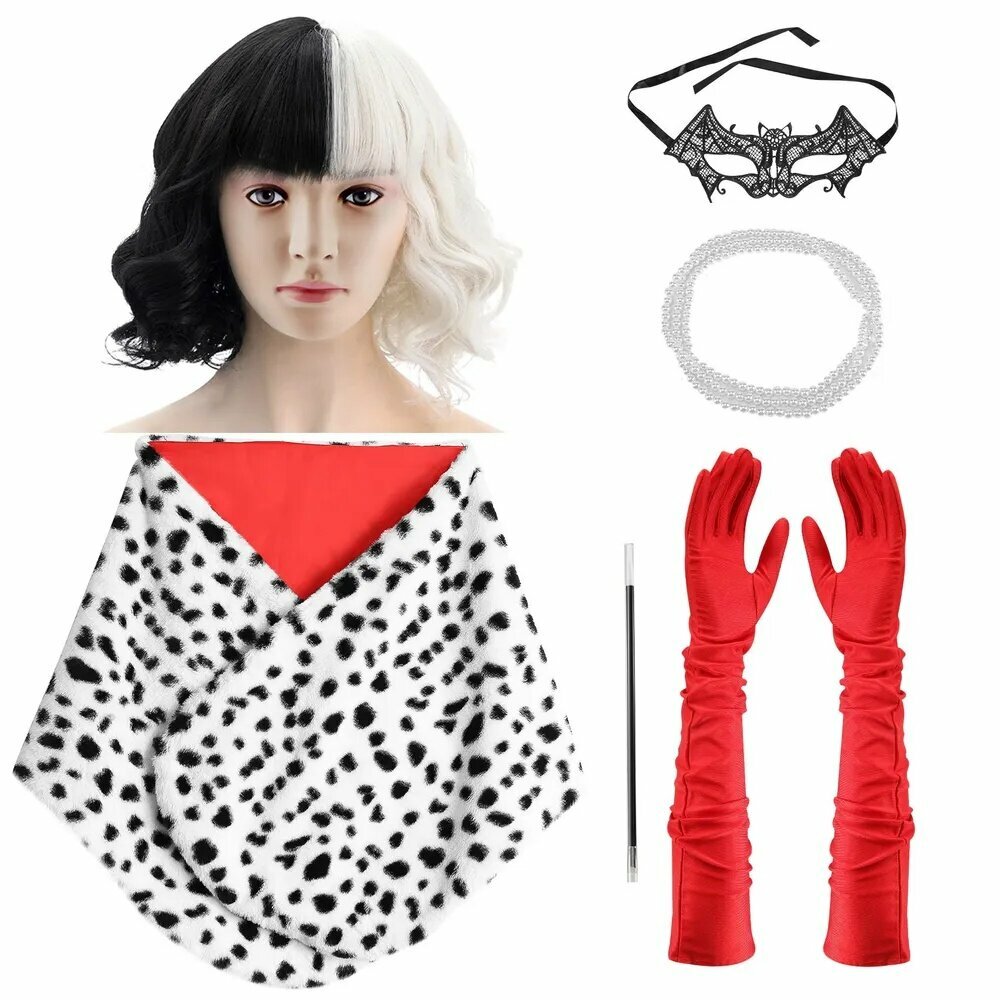 Костюм Круэллы для женщин - 6 шт. костюмов на Хэллоуин для женщин, аксессуары включают парик, шаль далматинца, красные перчатки, ожерелье, длинный держатель и кружевную повязку на глаза.