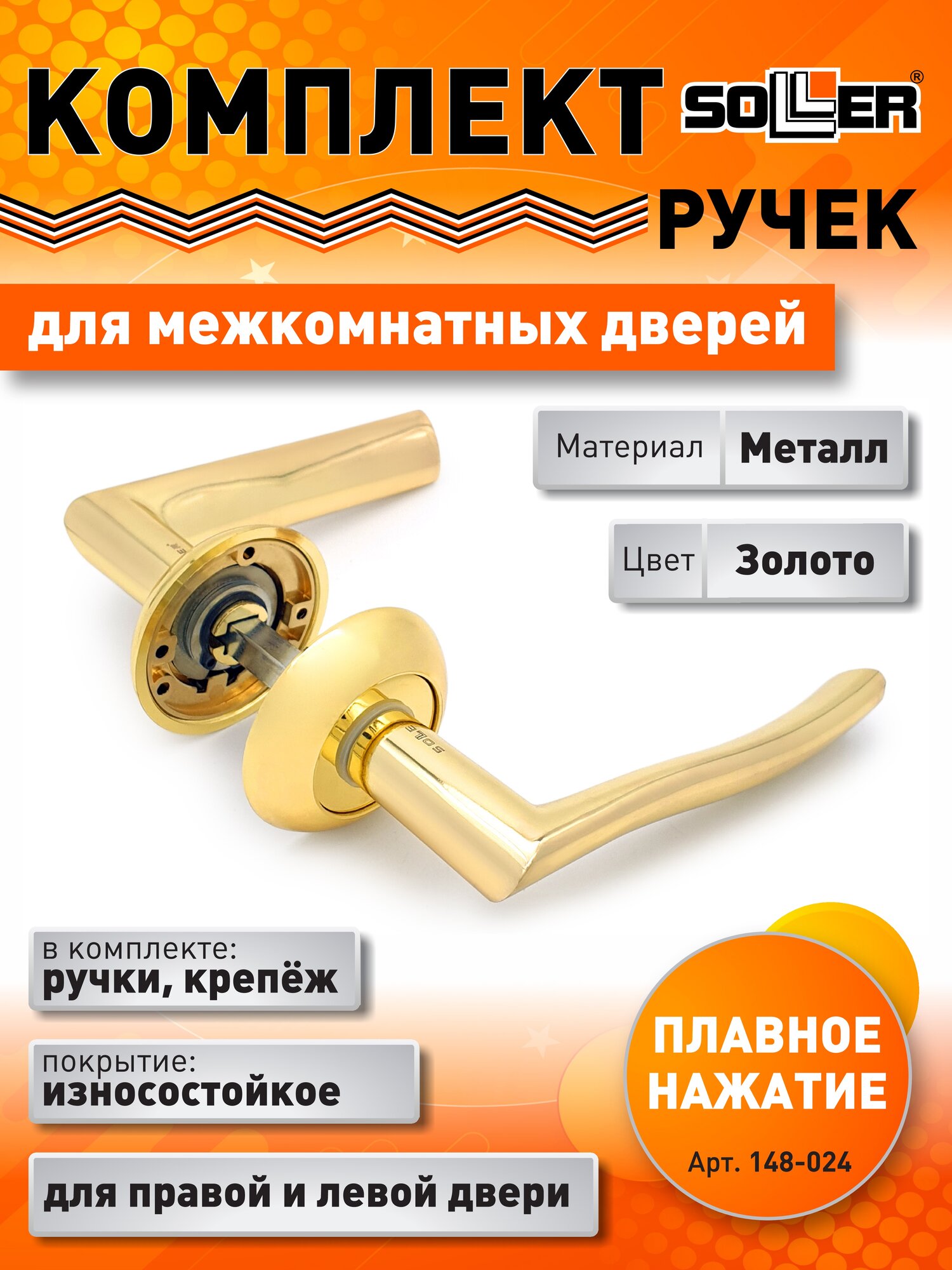 Комплект дверных ручек SOLLER ZY-501, поворотные, металл, золото PB