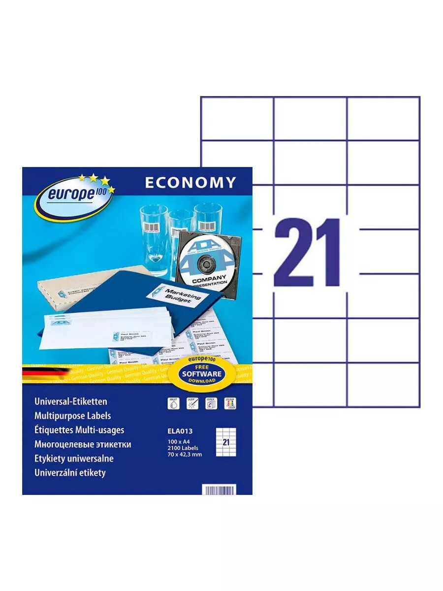 Этикетки Avery Zweckform Европа-100, самоклеящиеся белые, 70x42.3 мм {ELA013} (21 шт на листе A4, 100 листов) 1 упак