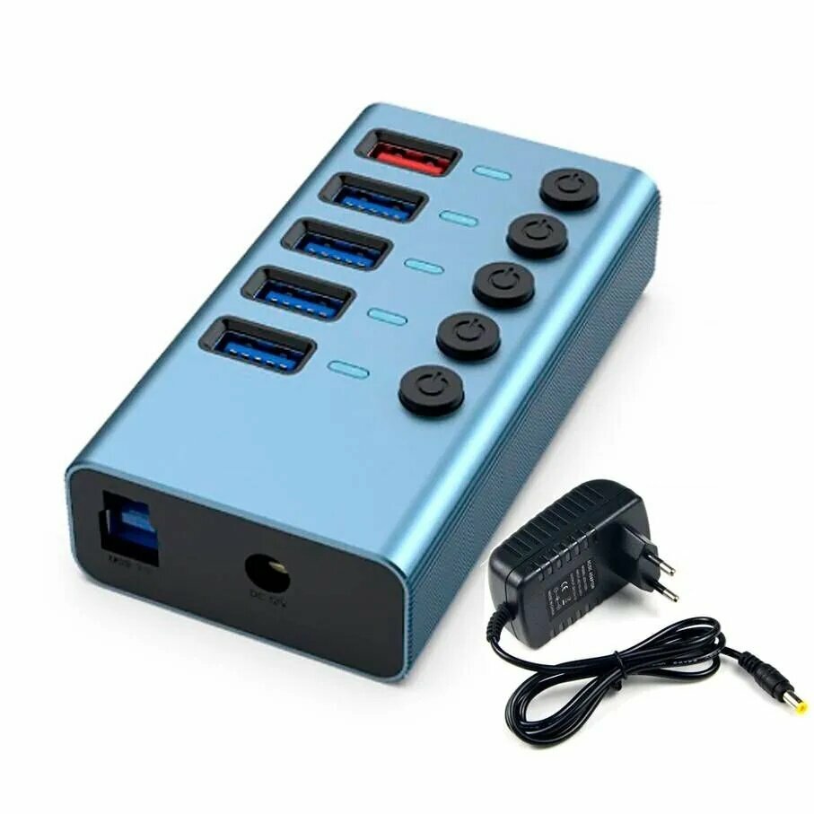 Хаб USB 3.0 алюминий с блоком питания 12V/2А / 5 портов