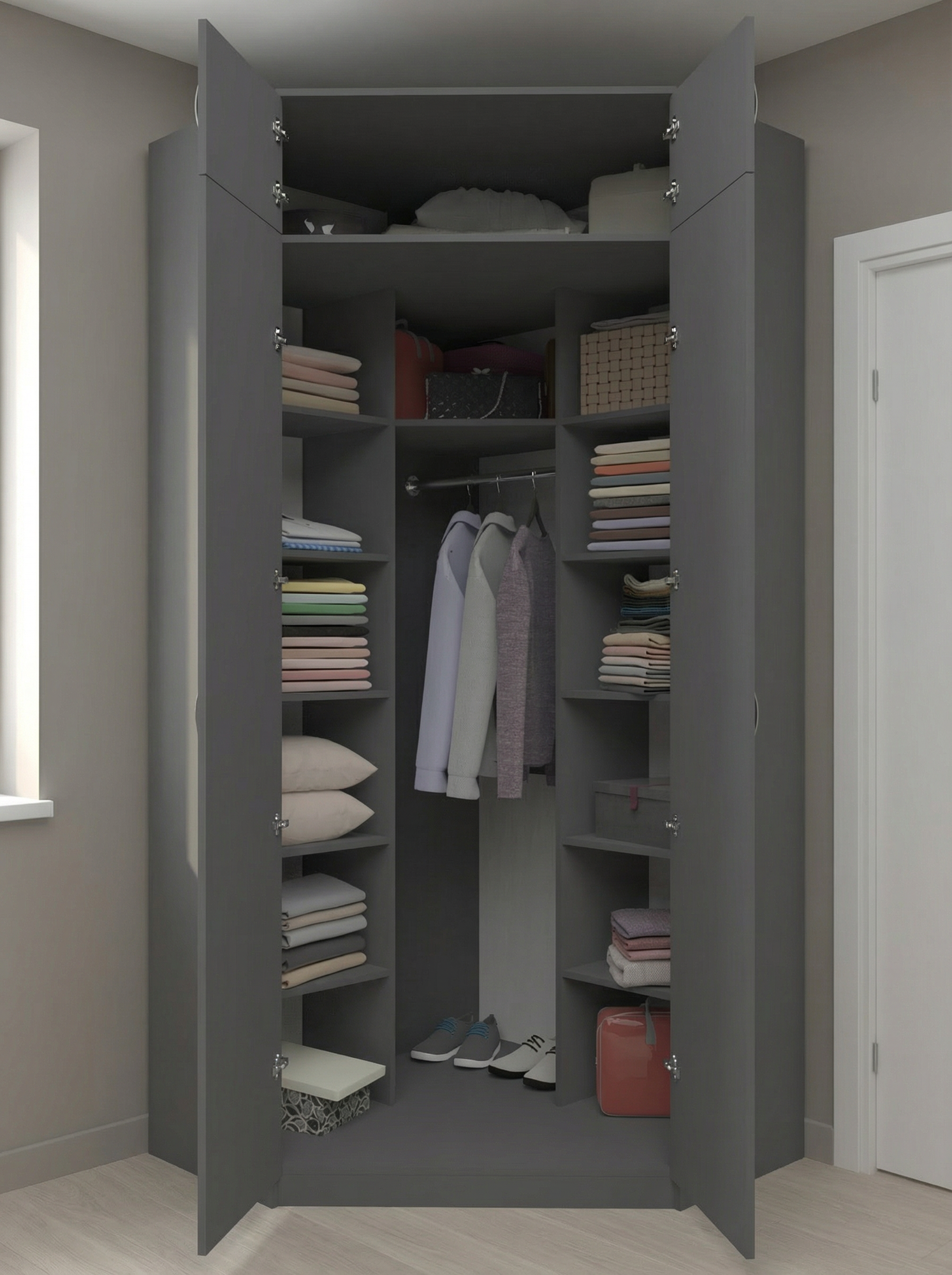 Шкаф угловой распашной Анри-16 с антресолью, 13 полками и штангой для вешалок, графит