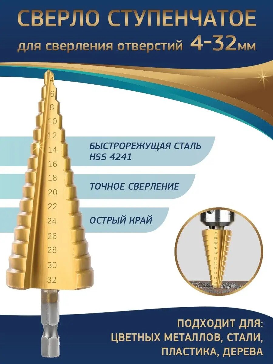 Сверло ступенчатое по металлу и дереву конусное 4-32 мм14