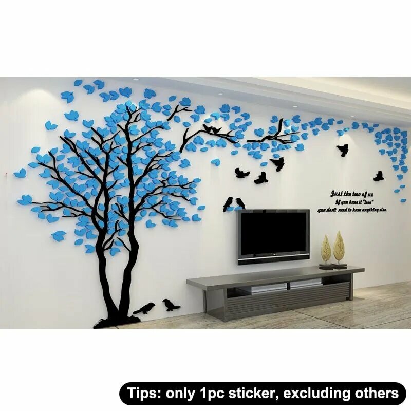 Объемные наклейки на стену с изображением большого дерева и птицы из хрусталя подходят для декорирования дивана и телевизора в гостиной