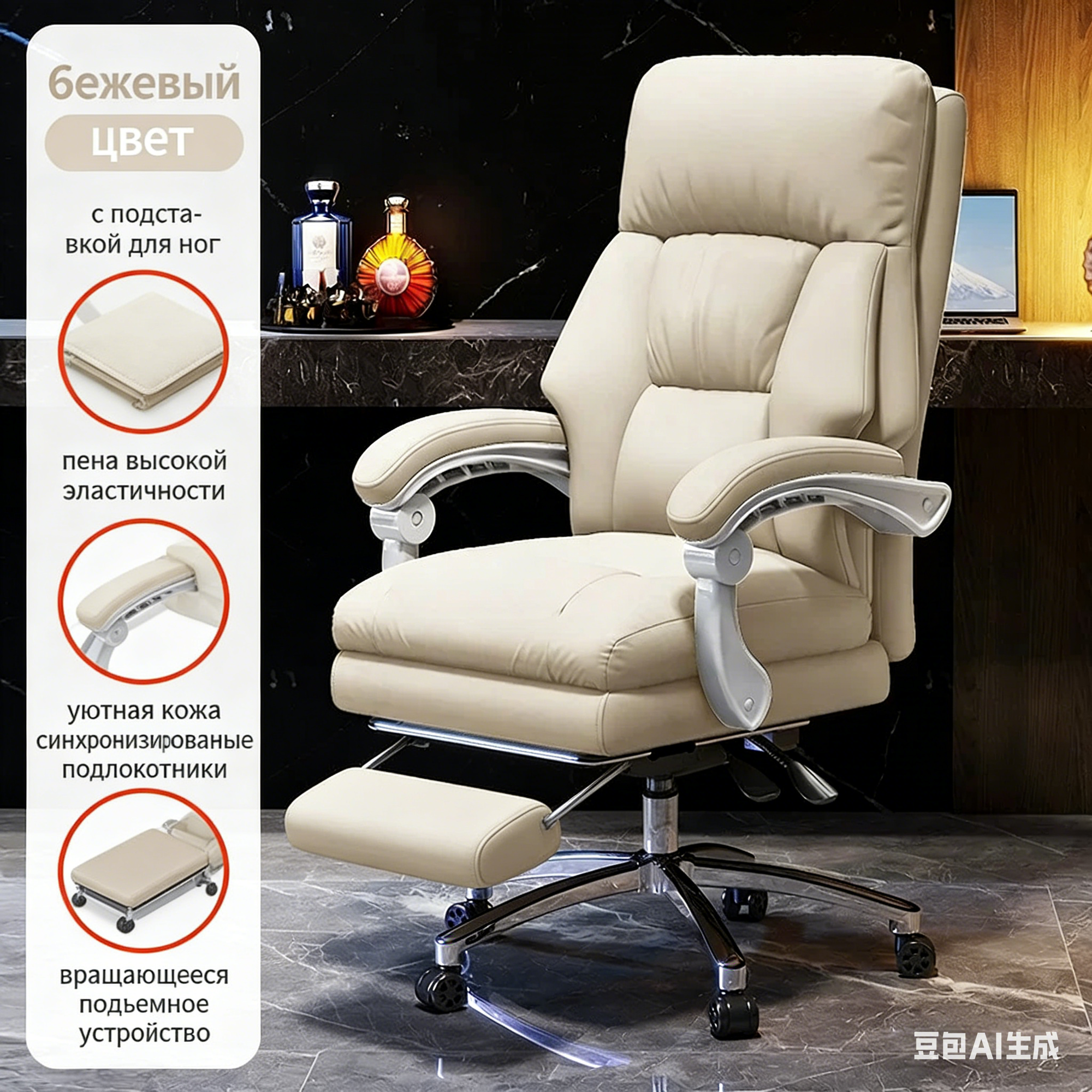Кресло руководителя «Босс», с массажем и подлокотниками, экокожа, цвет бежевый