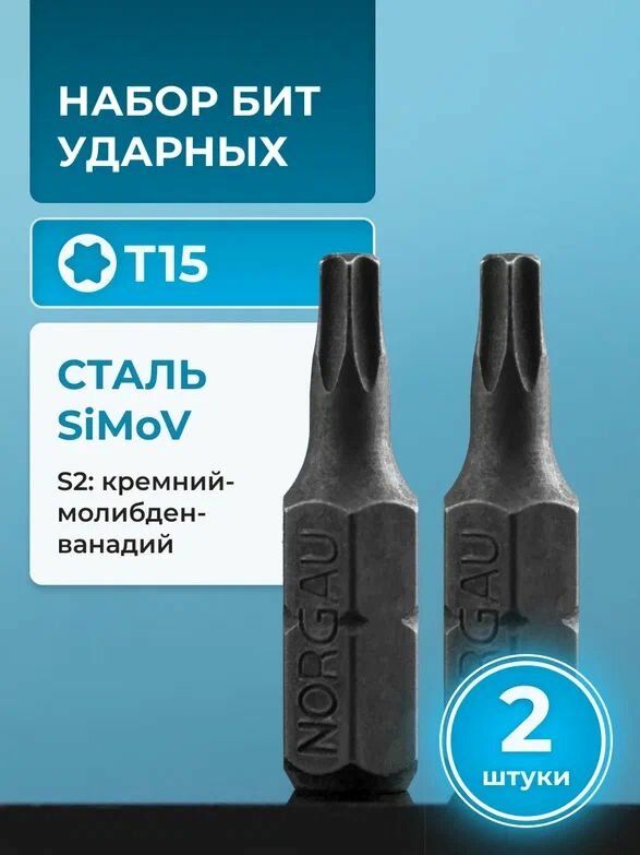 Набор бит 2 шт Torx T15 NORGAU Industrial из высокопрочной SiMoV стали S2, под шестигранник 1/4"