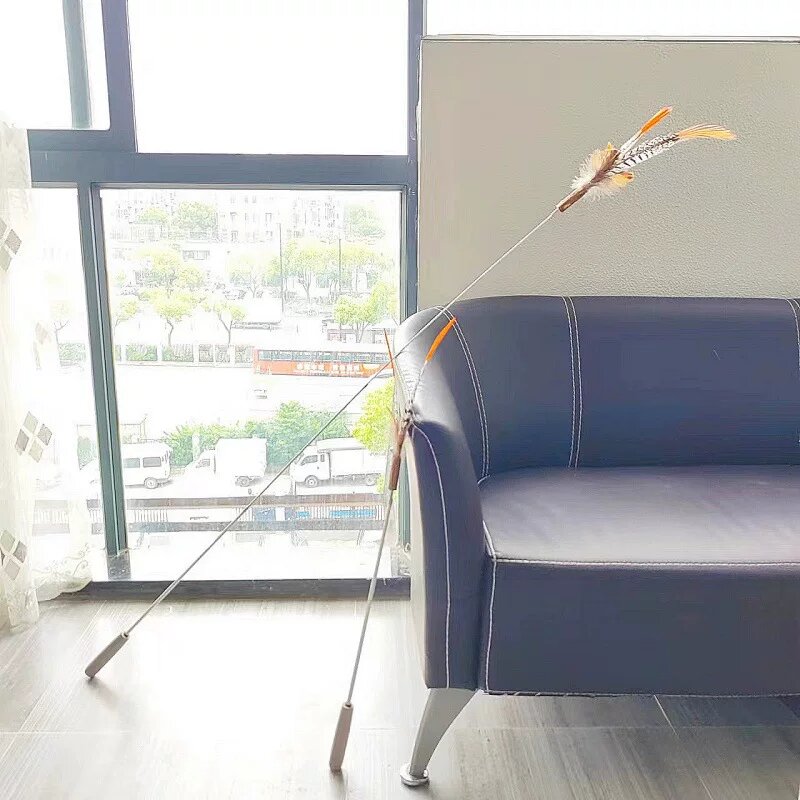 Длинная игрушка-дразнилка для кошек с перьями фазана/клубничными перьями, дразнилка-удочка с колокольчиком, сменная