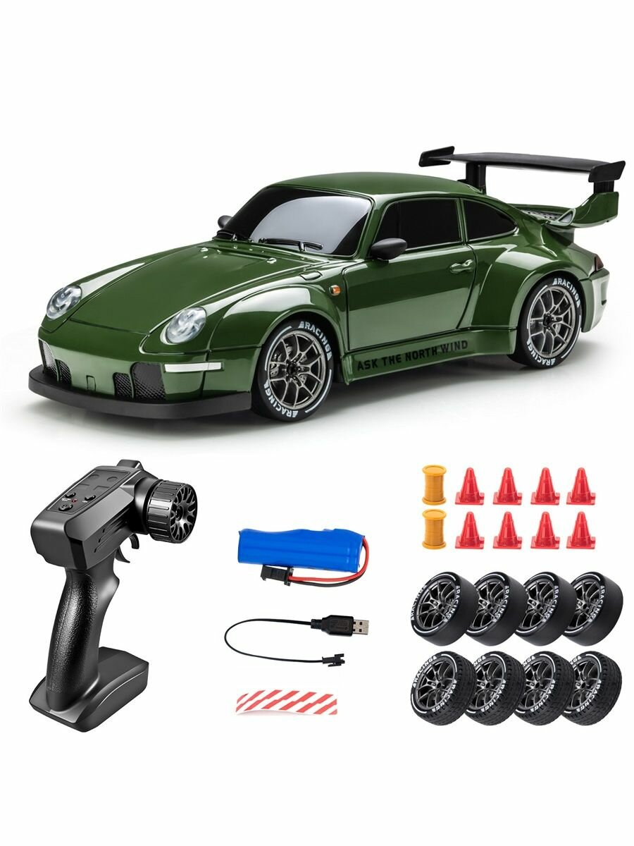 Автомобиль с дистанционным управлением на радиоуправлении с полупропорциональной дроссельной заслонкой, автомобиль для дрифта начального уровня, Porsche 993, оливково-зеленый