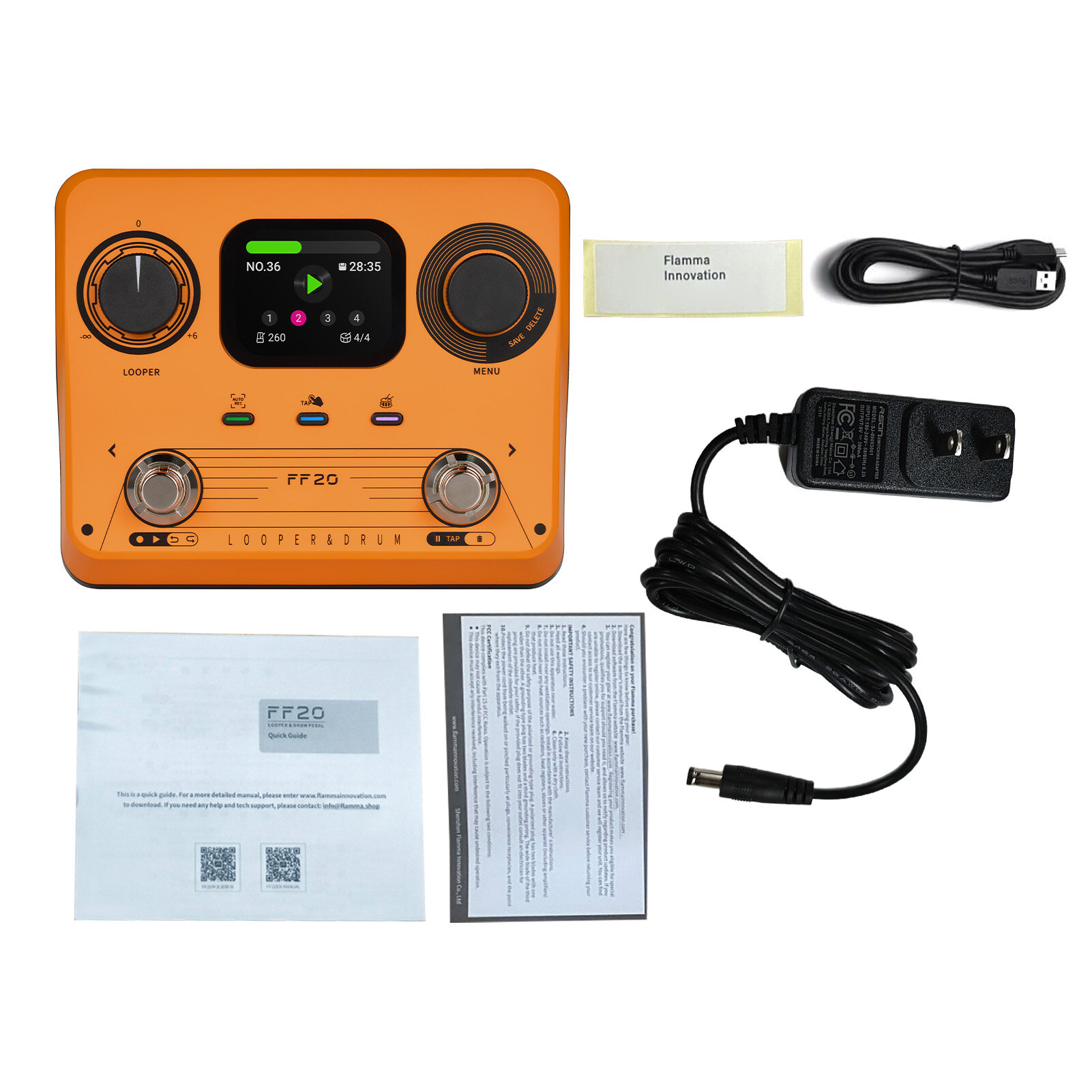 Драм-машина, лупер, гитарная педаль эффектов, двойное управление, стереозапись на 5 часов, 220 ритмических паттернов, технология растягивания времени, электронный процессор, оранжевый цвет, вилка стандарта США.