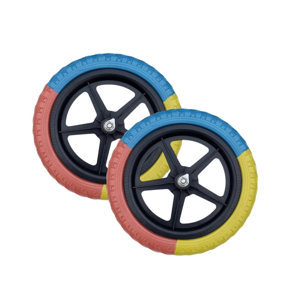 Набор из 2 12-дюймовых трехцветных колес из твердой пены для детских беговелов без накачивания, что обеспечивает безопасность и долговечность