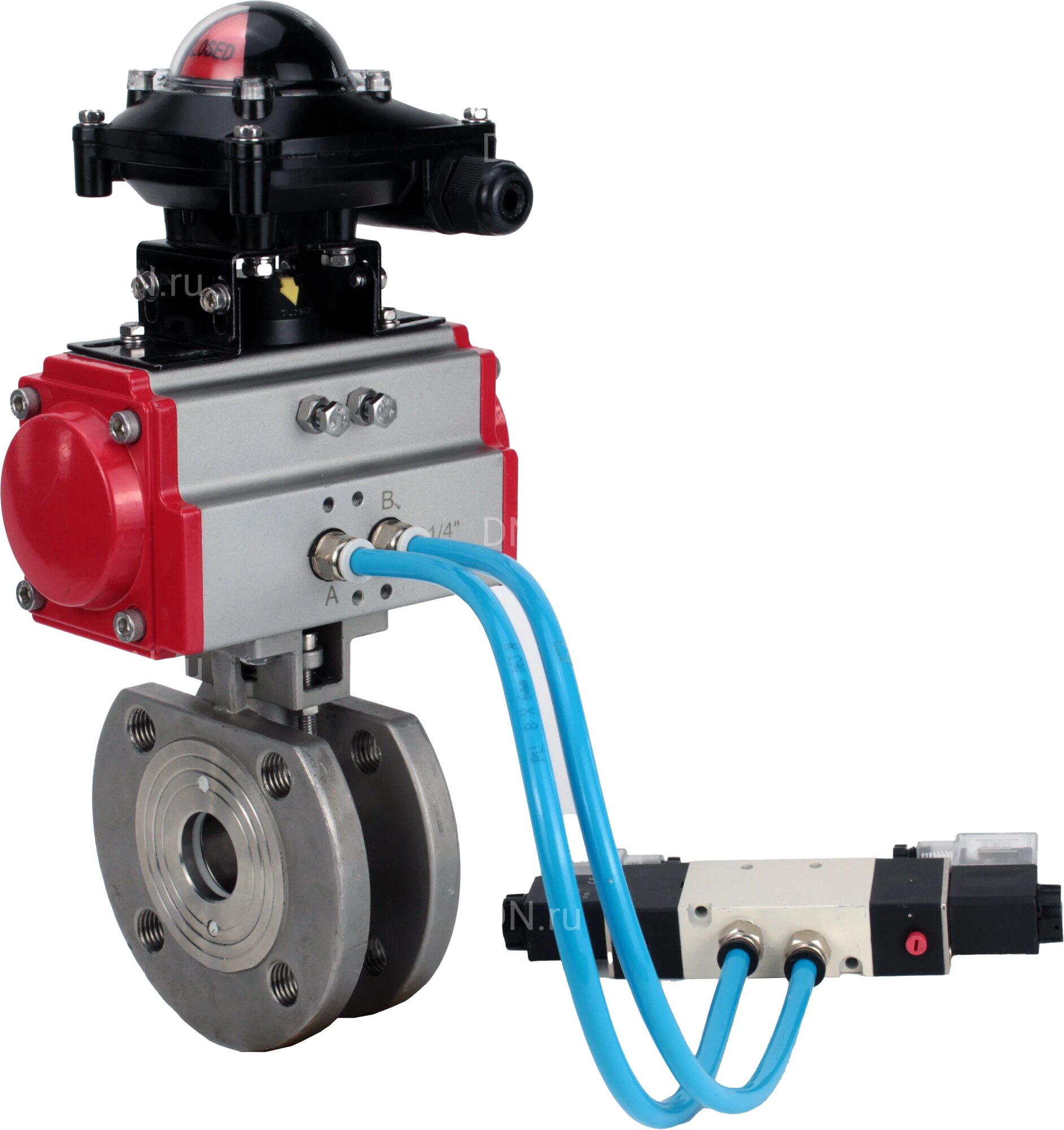 Кран шаровой DN.ru КШмФП 316.200 Ду40 Ру16, полнопроходной межфланцевый, нержавеющая сталь SS316, уплотнение - PTFE, с пневмоприводом DA-083 двойного действия, с пневмораспределителем PND1-S2EM-52-2-T10-220VAC, с БКВ LSB-210-02NM12-220/24