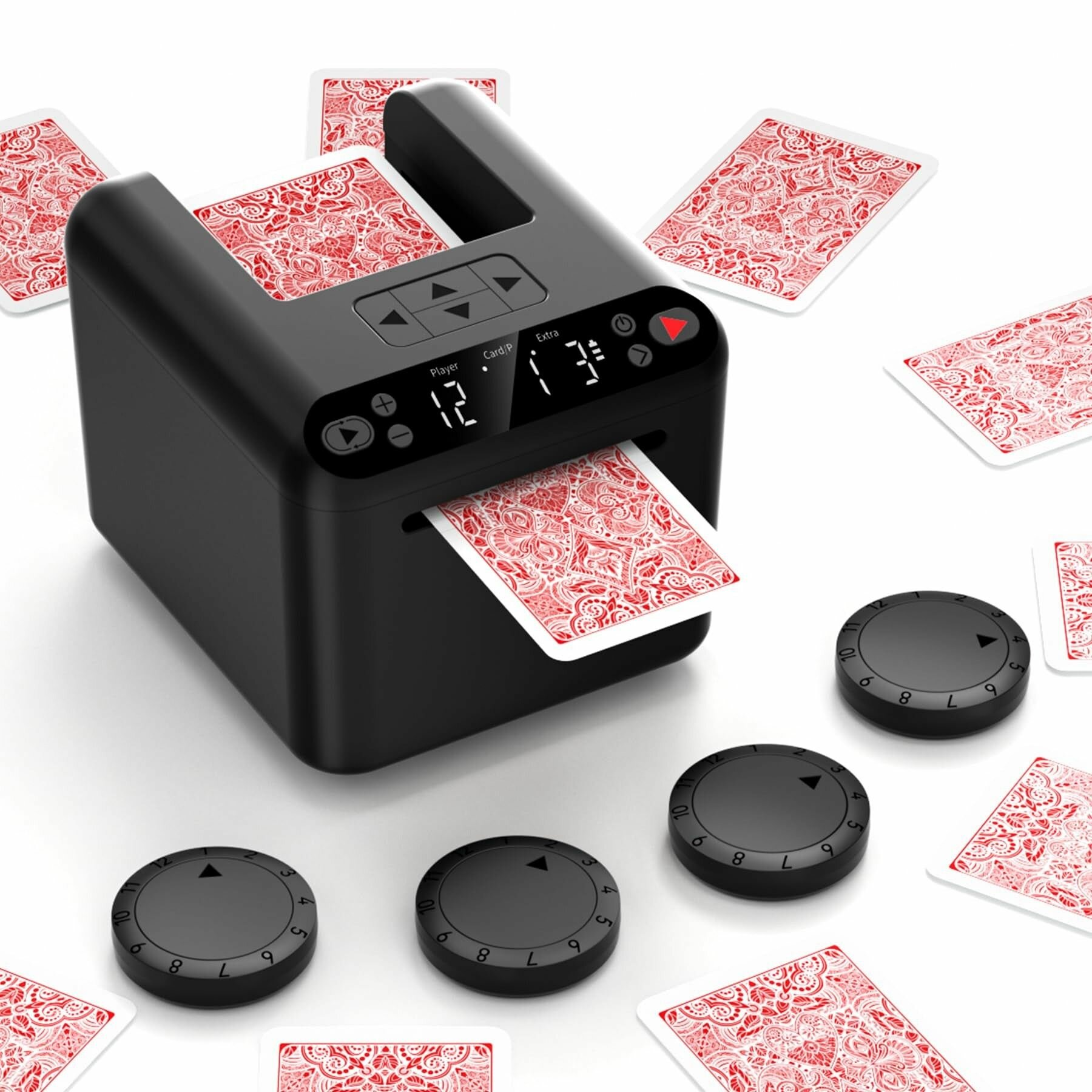 Автоматическая электрическая машина для раздачи карт, совместимая с покером и UNO, вмещает 3 колоды карт, оснащена 4 кнопками вызова, поддерживает настраиваемые правила раздачи и режим Texas Hold'em