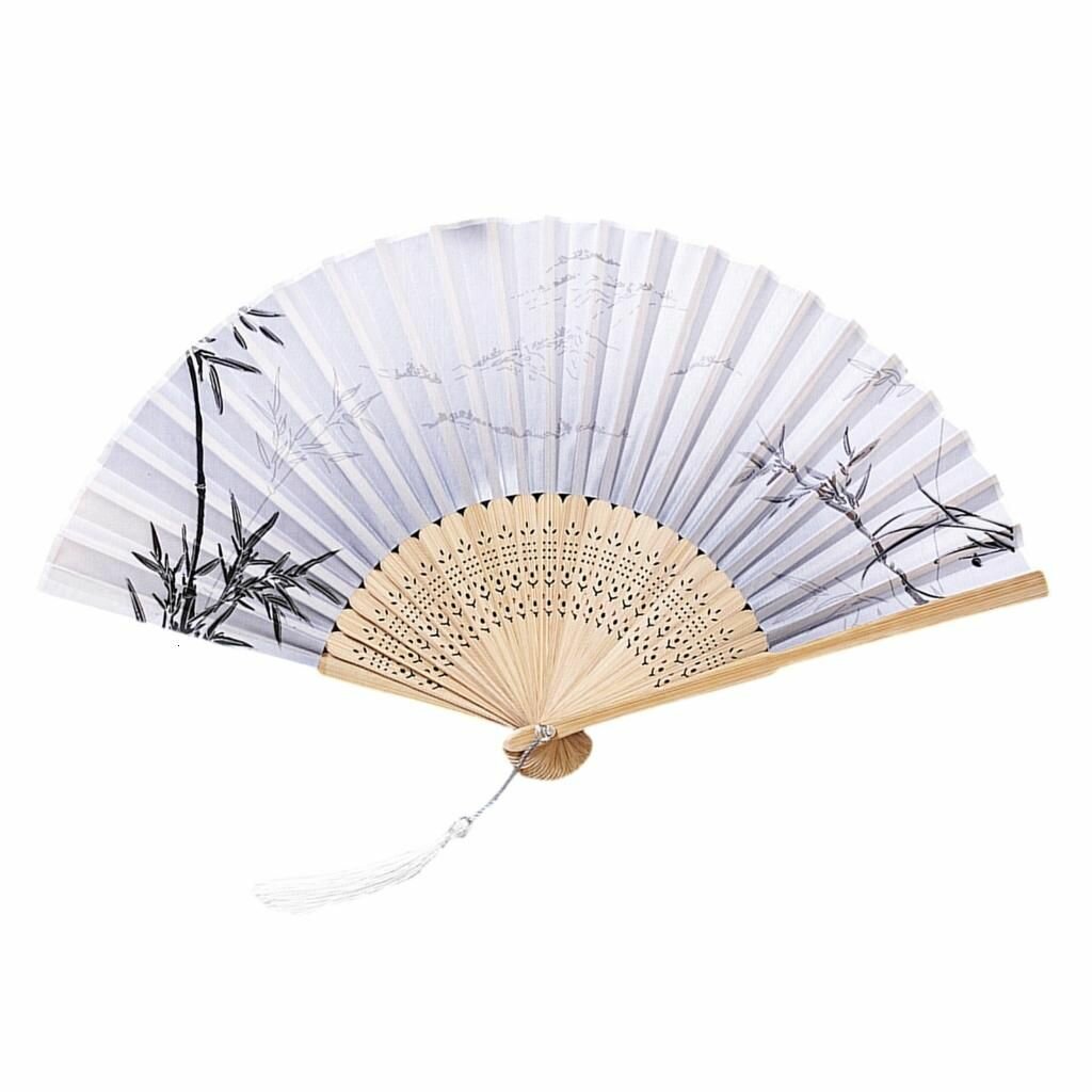 Веер бамбуковый летний с узором ивы, - Серо-белые чернила bambo