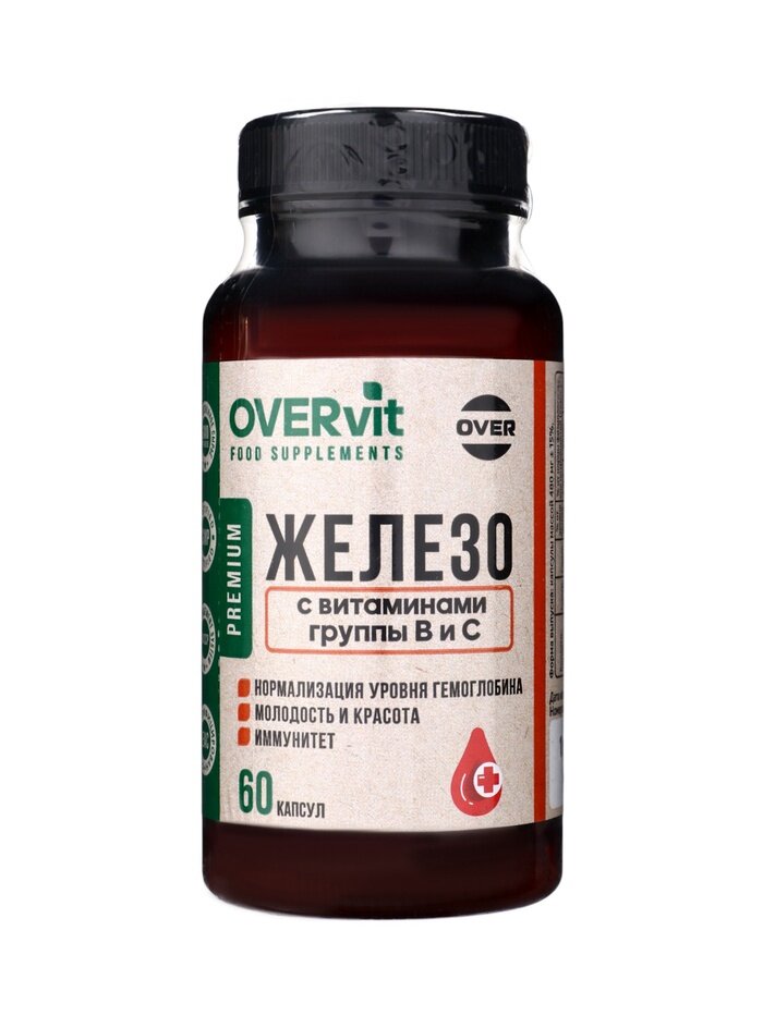 Железо с витаминами В3, В6, В9, В12, С OVERvit, 60 капсул 10966447