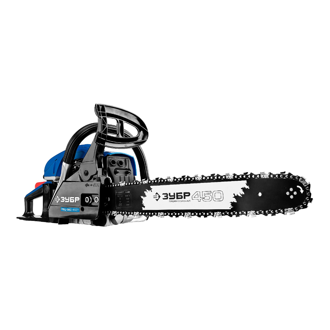 Пила цепная бензиновая Зубр ПБЦ-560 45ДП, 2.4 кВт (3.3 л. с.), 12500 об/мин, длина шины 450 мм, синий
