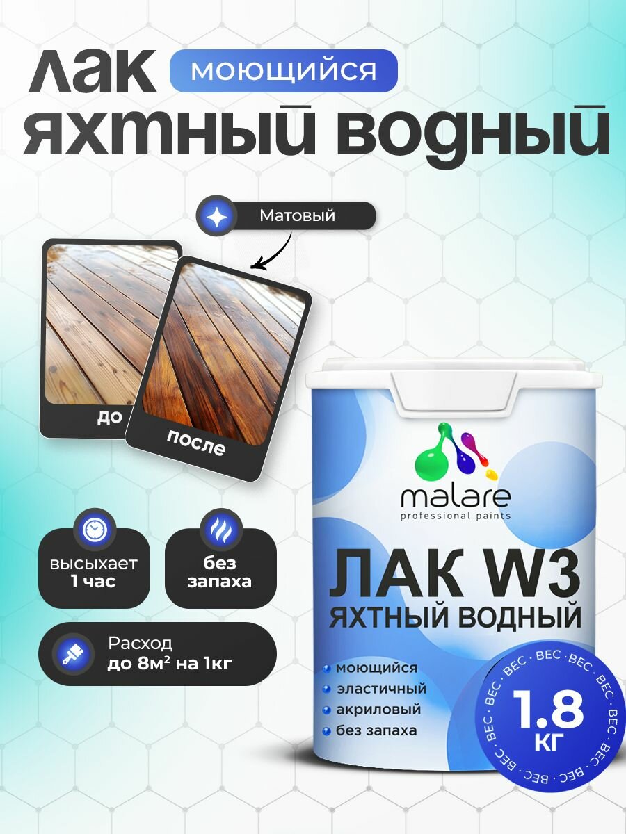 Яхтный лак Malare Professional для деревянных и минеральных поверхностей, водный без запаха быстросохнущий, прозрачный, матовый, 1.8 кг.