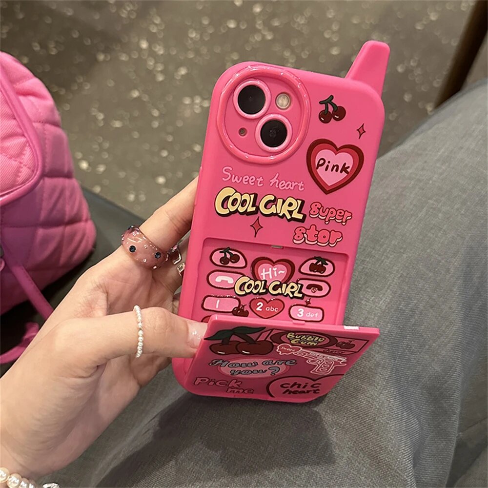 Ins Корейский ретро Y2k Cherry Heart 3D Розовый зеркальный чехол для макияжа для iPhone 16, 15, 14, 13, 12, 11 Pro Max, простой противоударный мягкий чехол