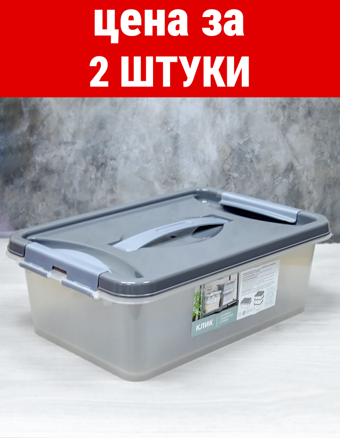 Комплект 2 шт, Контейнер 6л с защелками и ручкой "Клик", темно-серый