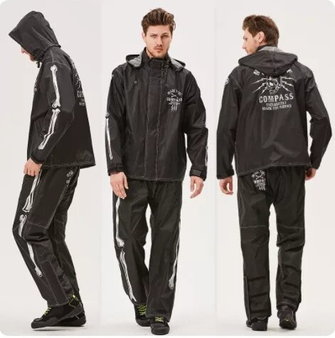 Мотоциклетный дождевик POLE, водонепроницаемый дышащий светоотражающий дождевик, брюки от дождя, защита от шторма, комплект дождевиков для мотокросса Черный, XXL, COM01 Skull Black