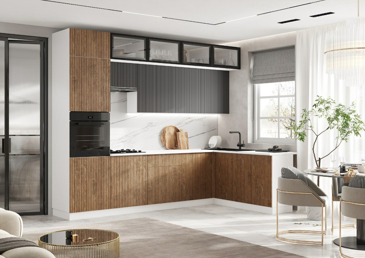 Угловая кухня Мебельный рай "Оливия", МДФ/лдпс, ЛДСП, экзотическое дерево, графит софт, 3x1.8 м