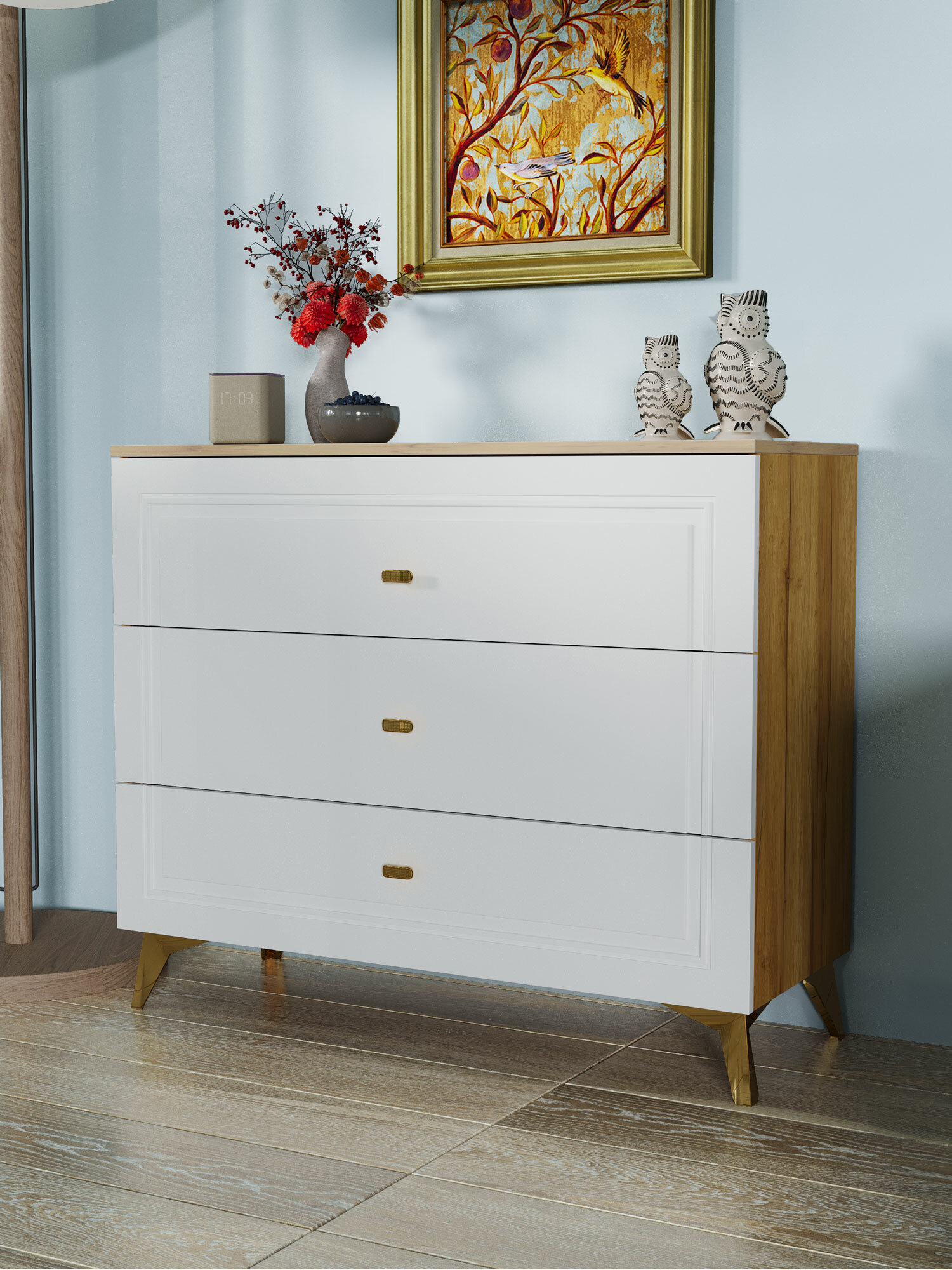 Комод для одежды Вега Сапфир с ящиками 100х42х85 см, Дуб золотистый / Белый глянец