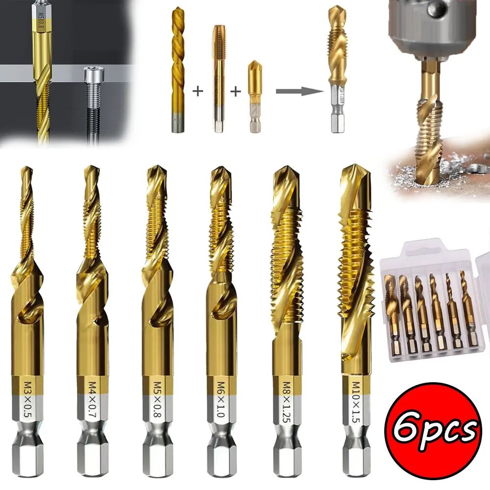 Набор сверл-метчиков с титановым покрытием из быстрорежущей стали, M3,4,5,6,8,10 / в наборе 6шт для ремонта