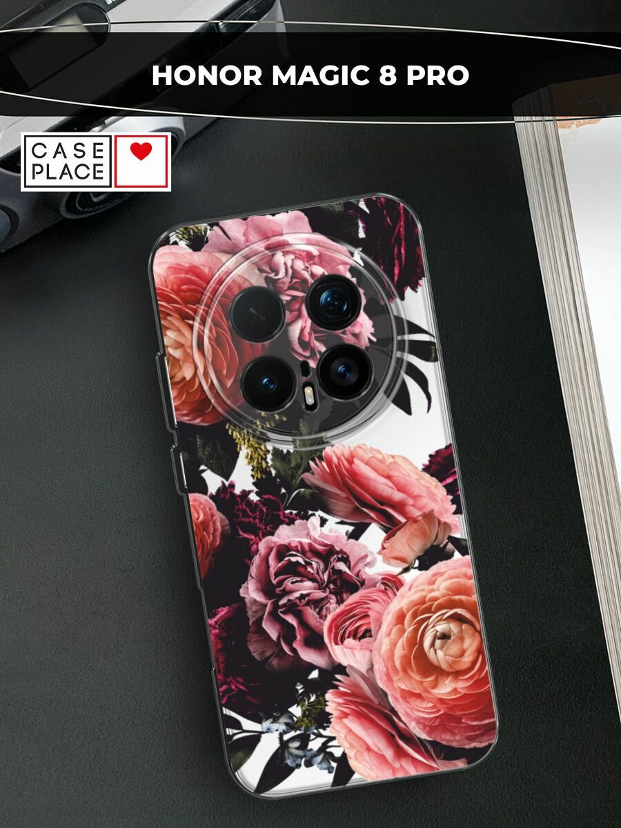 Чехол на Honor Magic 8 Pro / Хонор Мэджик 8 Про с принтом Бордовые винтажные цветы, прозрачный