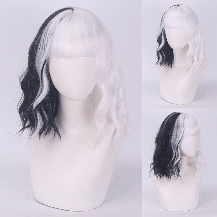 2026cos Парик 101 Верная Круэлла де Виль Черно-белая ведьма Цветной блок Короткие кудрявые волосы