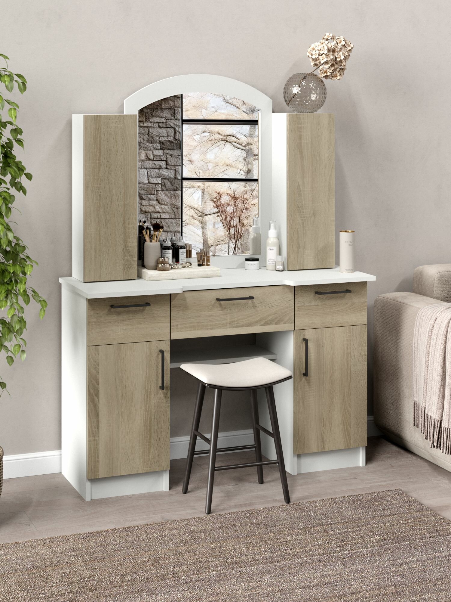 InHouse Туалетный столик КМ-18 Белый/Сонома 110х40х147, фасады ЛДСП