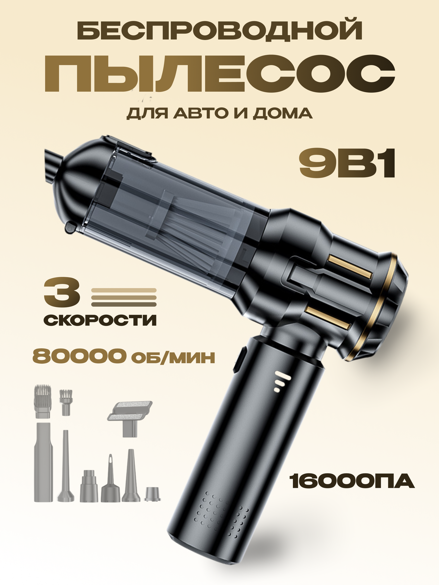 Пылесос мини для автомобиля беспроводной мощный 4 в 1