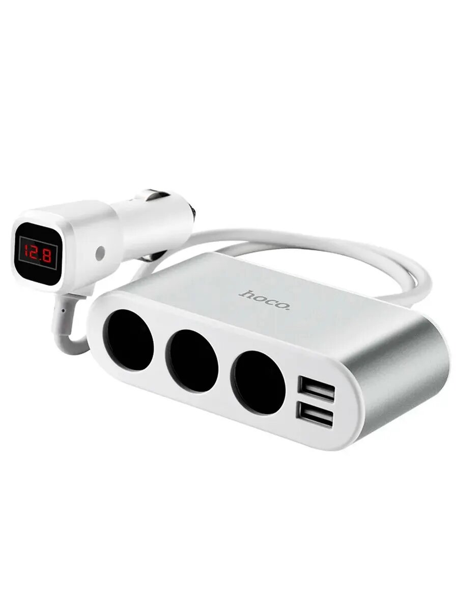 Автомобильное зарядное устройство Hoco Z13, 2.1А, (2USB + 3 гнезда + индикатор напряжения) 1 метр, серебристый / зарядка в прикуриватель
