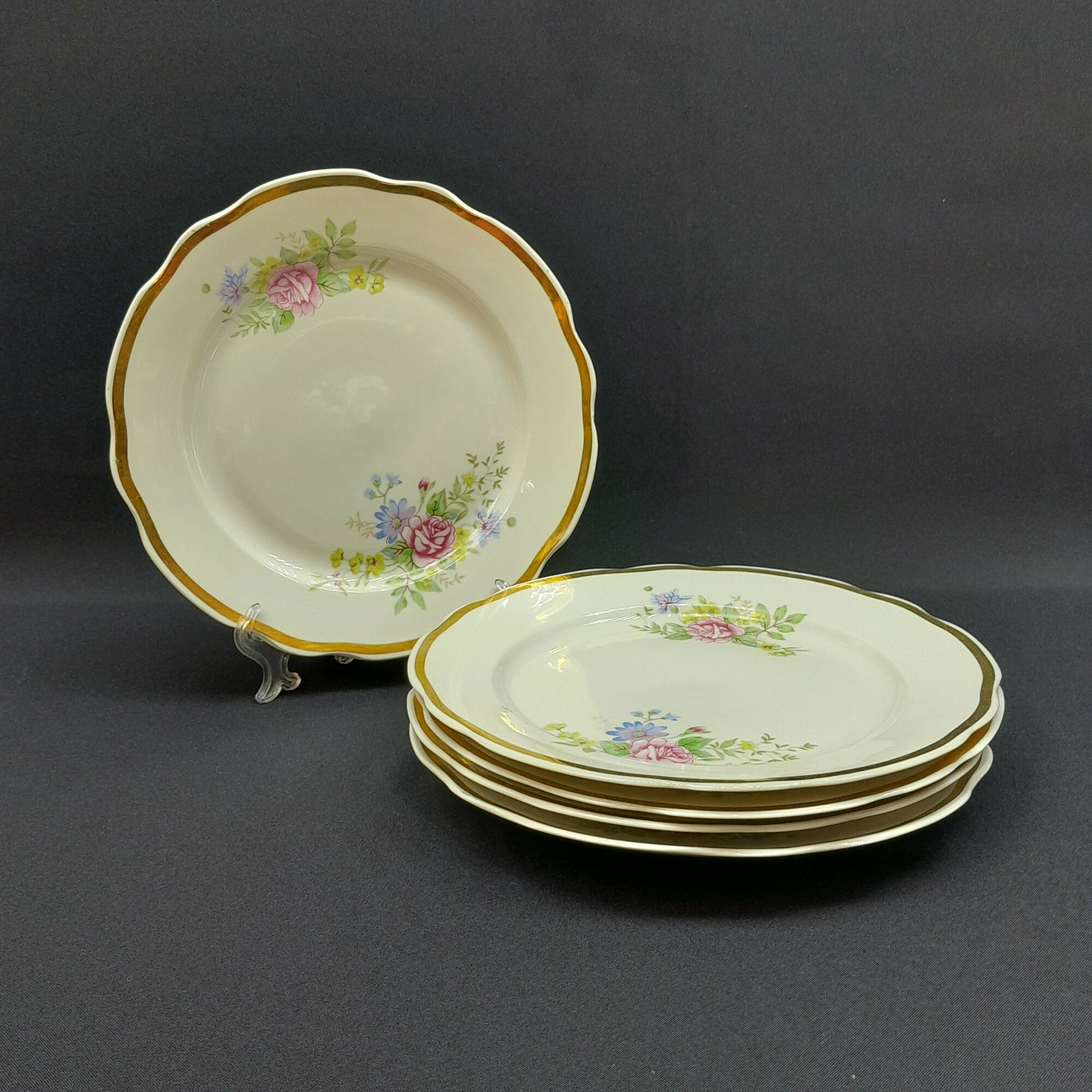 Набор из 5 столовых тарелок Дулева, фарфор деколь позолота 23см, винтаж СССР