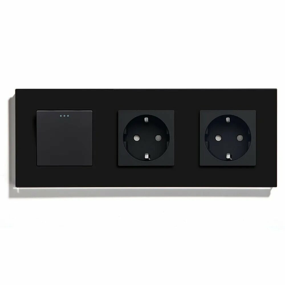 Розетка с одноклавишным механический выключателем, 3 поста, 1 клавиша 2 розетки, рамка стекло Черная 228mm